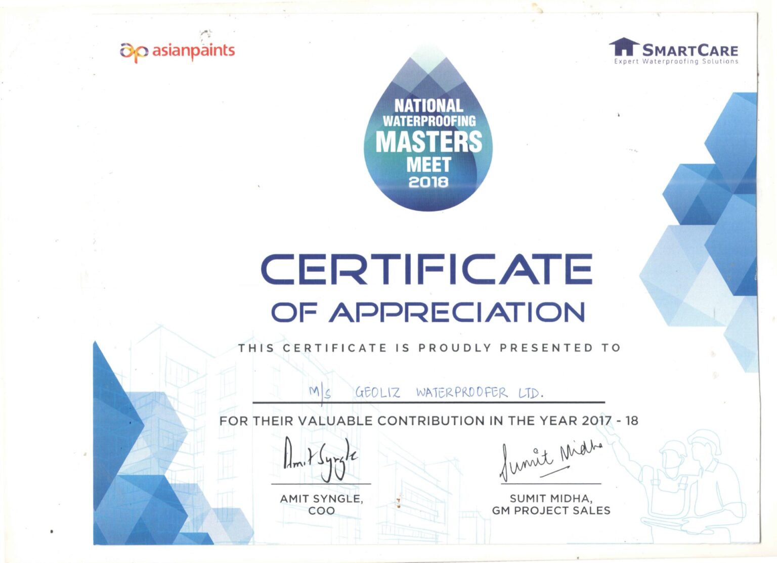 Geoliz Waterproofing Certificates | Expertise & Training